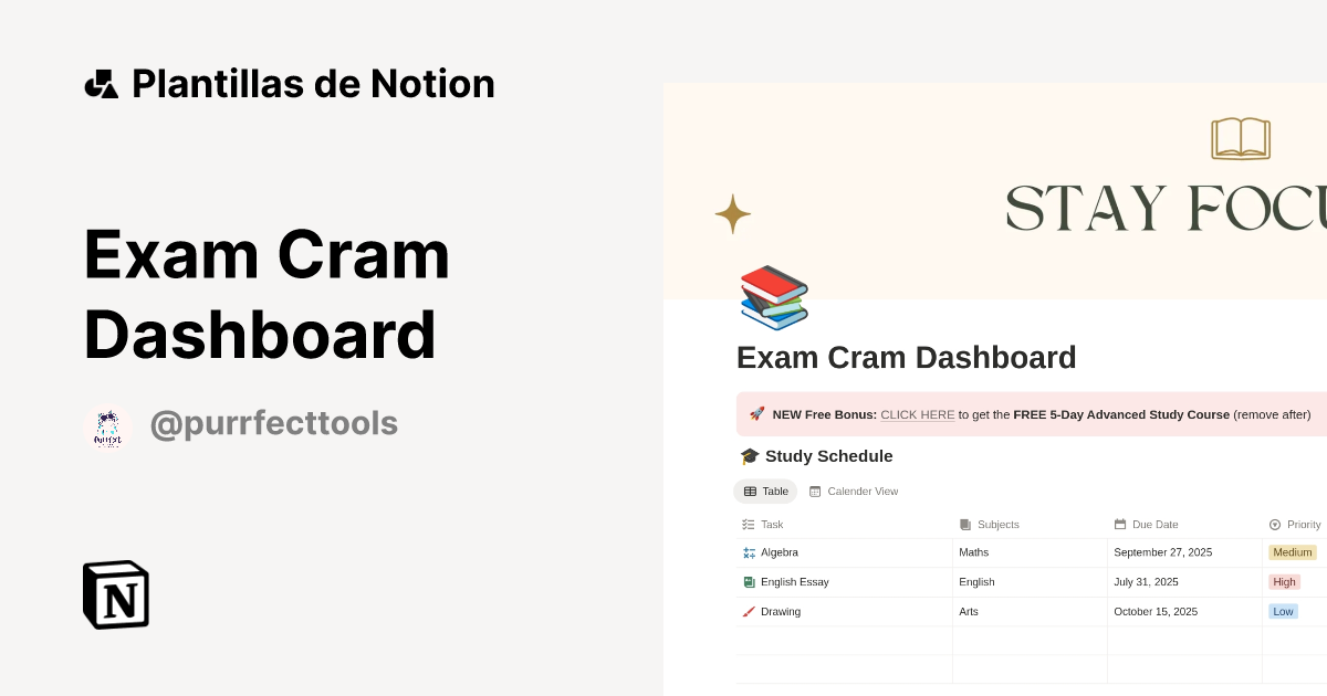 Plantilla Exam Cram Dashboard de Purrfect Tools | Notion Marketplace