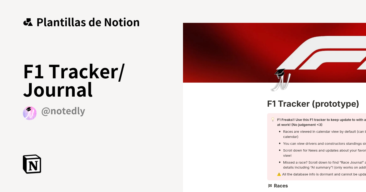 Plantilla F1 Tracker/Journal de Notedly | Notion Marketplace