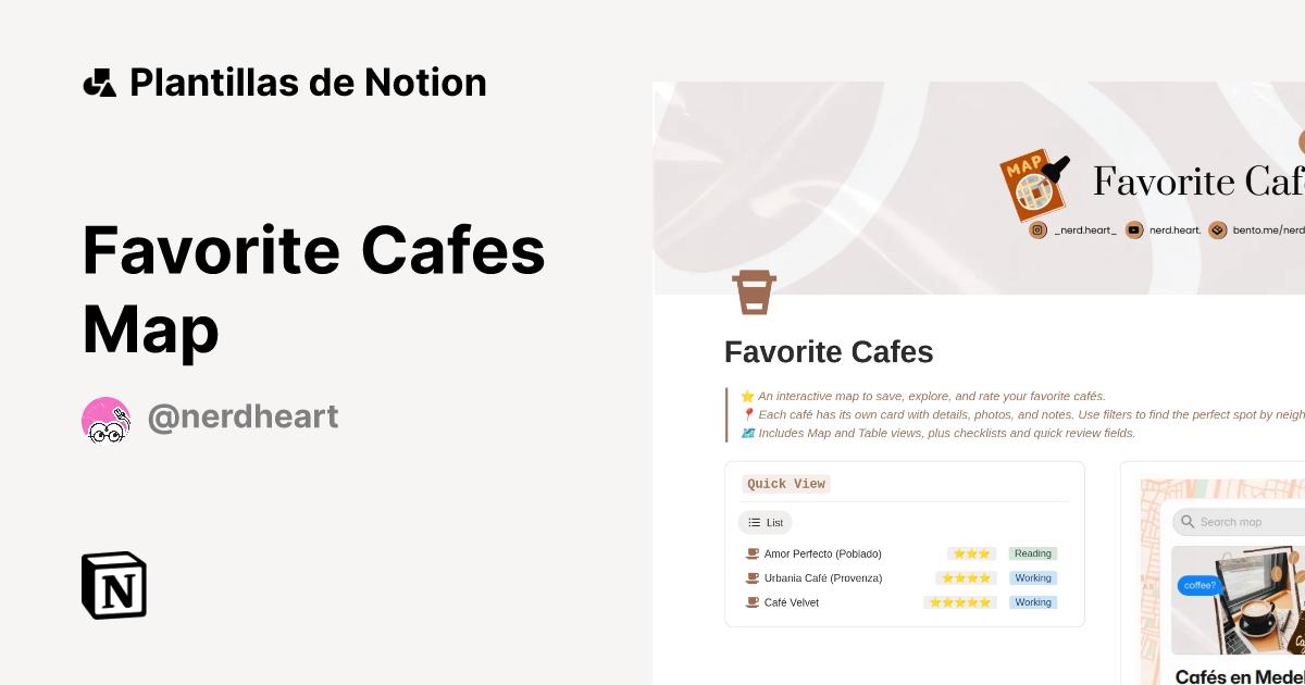 Plantilla Favorite Cafes Map de Nerd Heart | Notion Marketplace