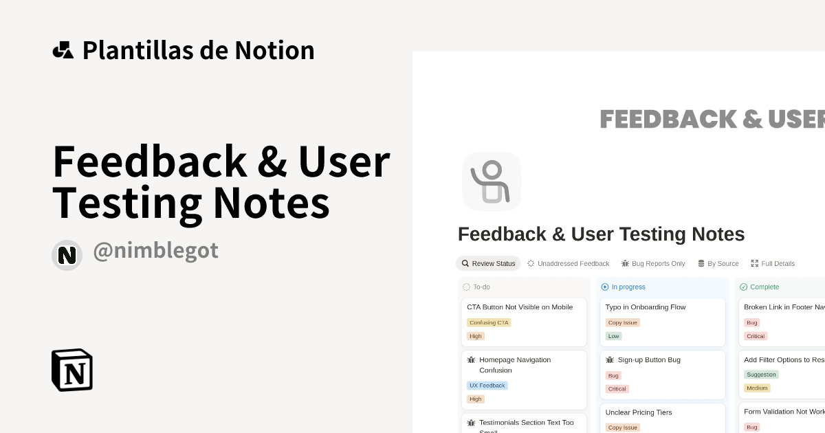 Plantilla Feedback & User Testing Notes de NimbleGot | Notion Marketplace
