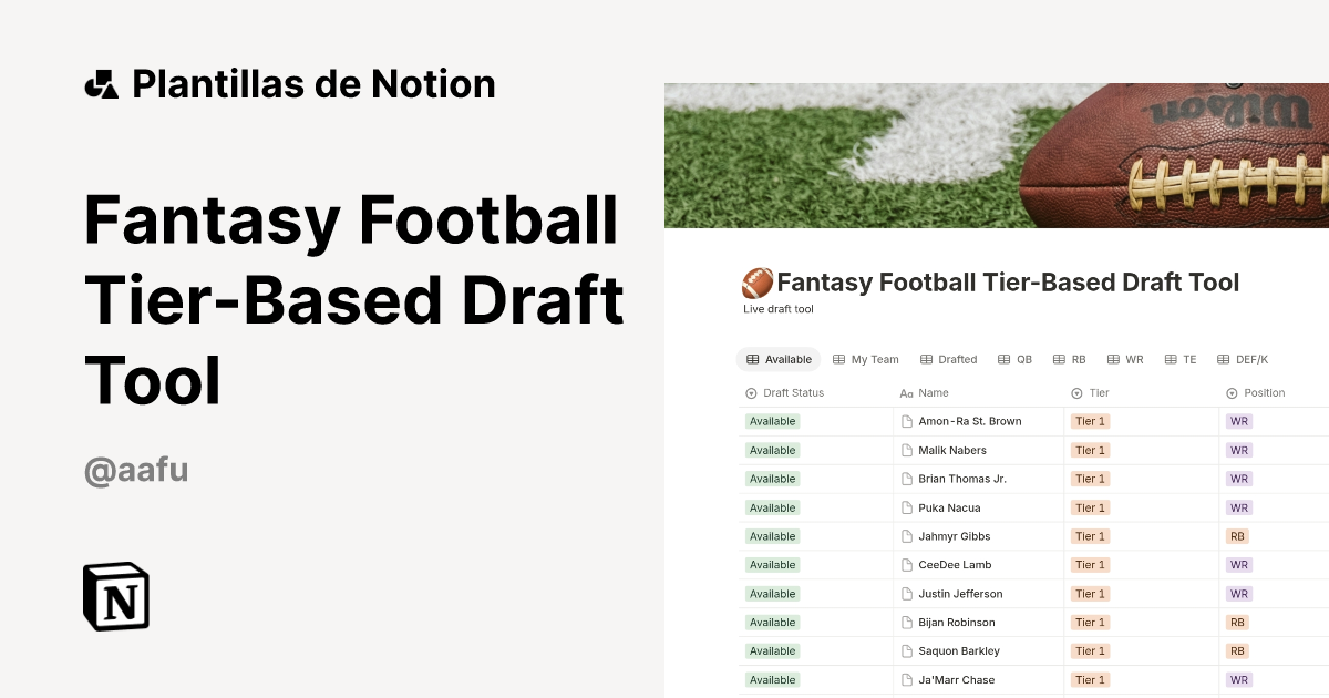 Plantilla Fantasy Football Tier-Based Draft Tool de Aaron Fuchs ...