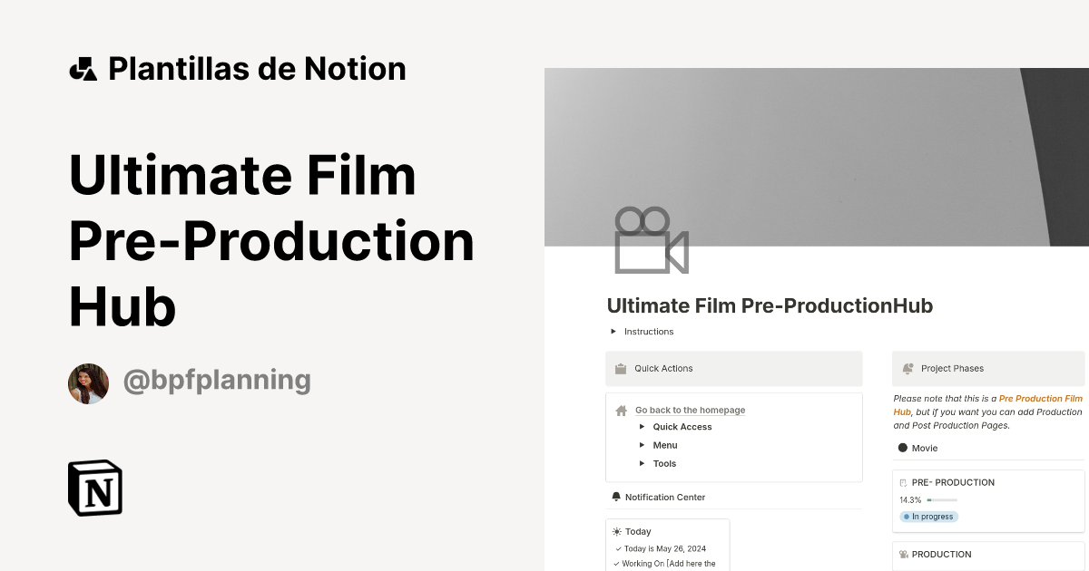 Plantilla Ultimate Film Pre-Production Hub | Notion Marketplace
