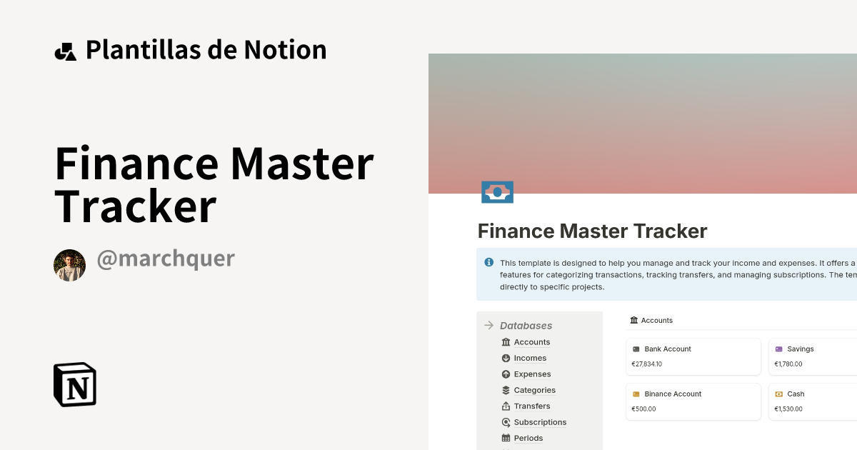 Plantilla Finance Master Tracker de Marc Hernández | Notion Marketplace