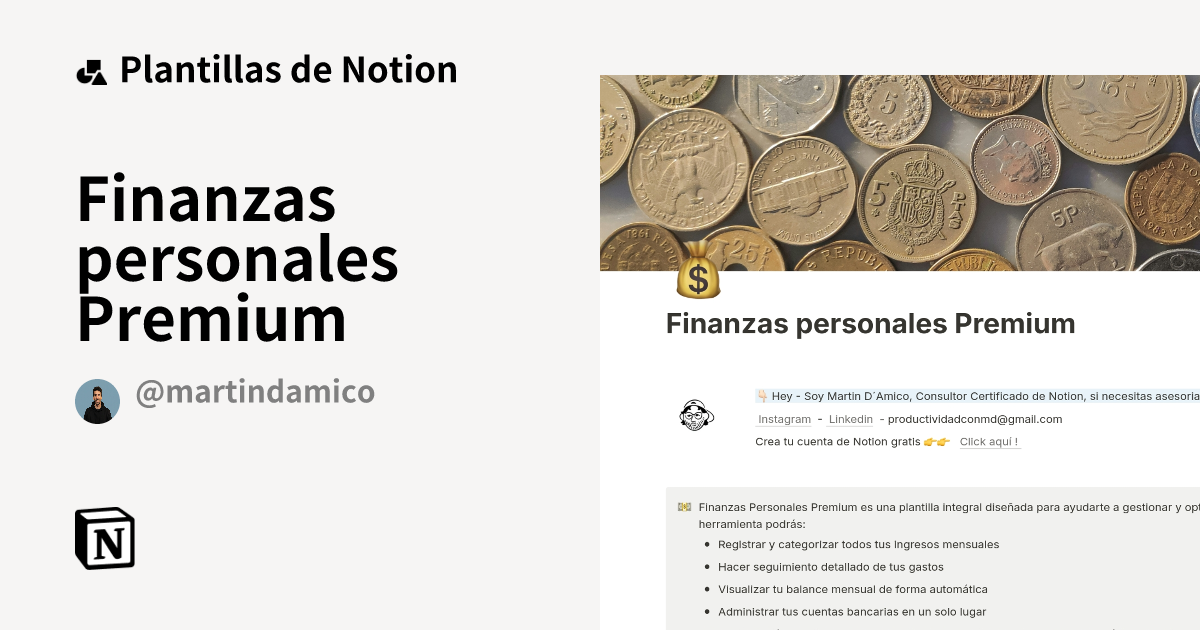 Plantilla Finanzas personales Premium de Martin D´Amico | Notion Marketplace