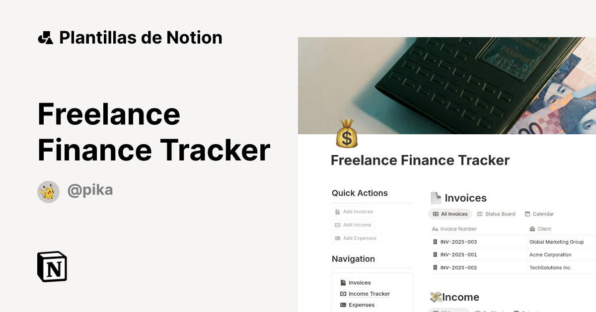 Plantilla Freelance Finance Tracker de Pika | Notion Marketplace