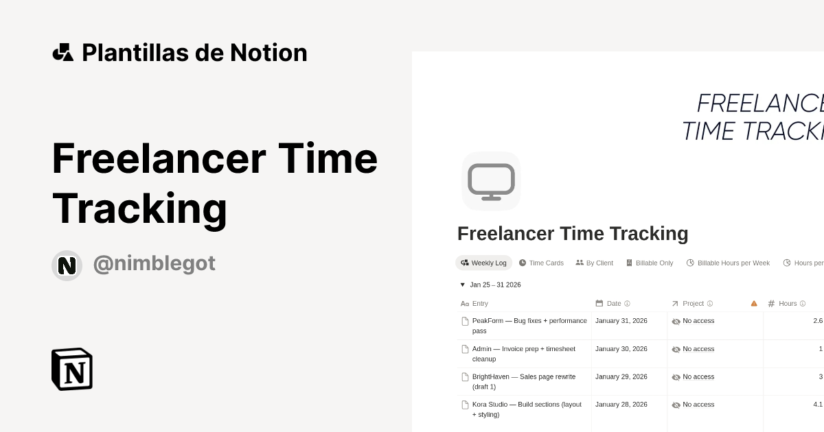 Plantilla Freelancer Time Tracking de NimbleGot | Notion Marketplace
