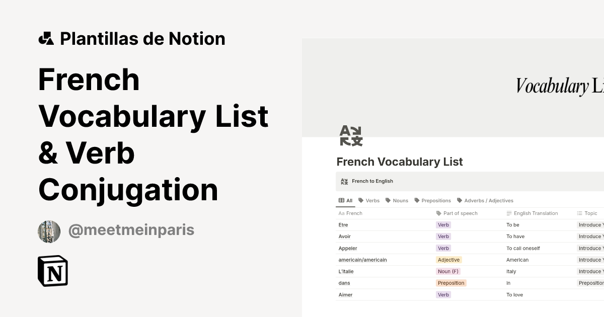 Plantilla French Vocabulary List & Verb Conjugation de Meet me in Paris ...