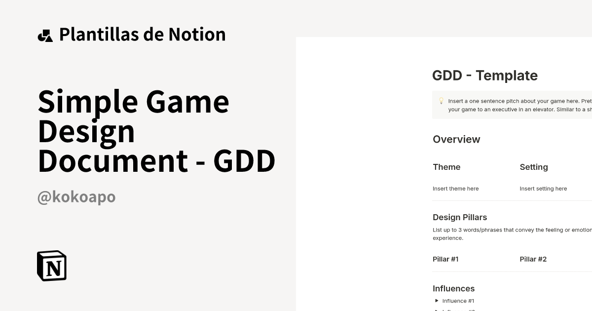 Plantilla Simple Game Design Document - GDD de Kokoapo | Notion Marketplace