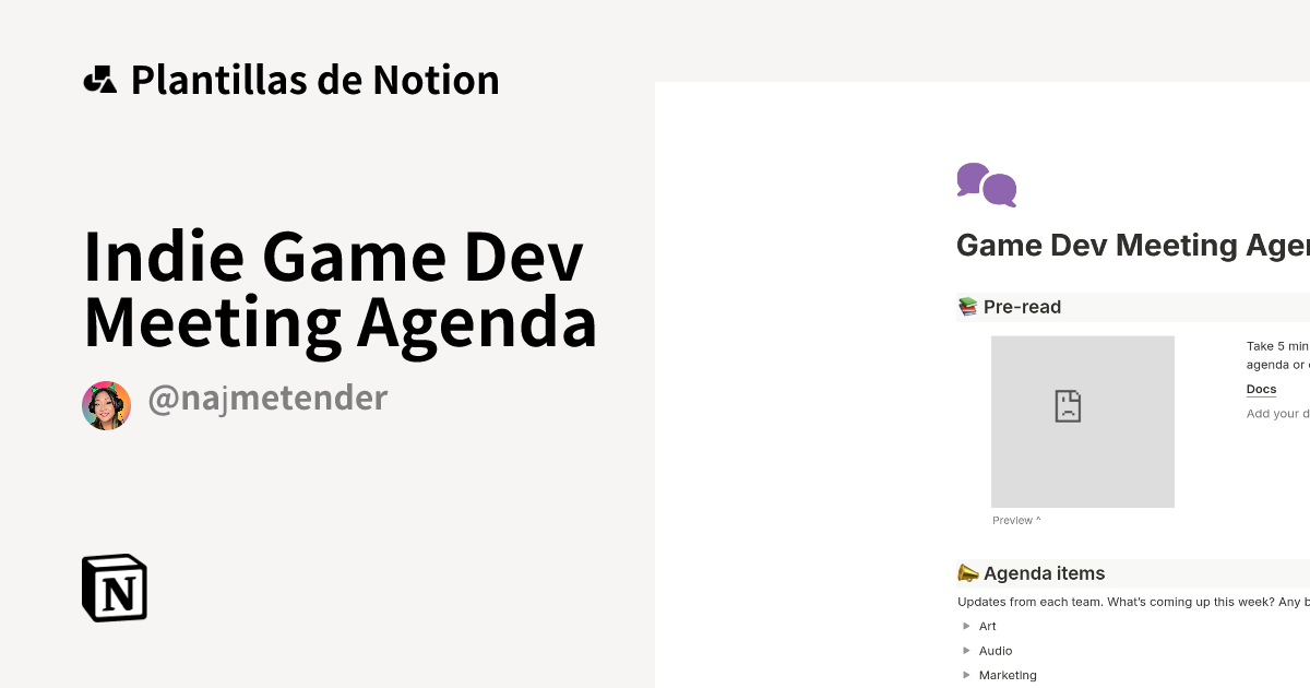 Plantilla Indie Game Dev Meeting Agenda | Notion Marketplace