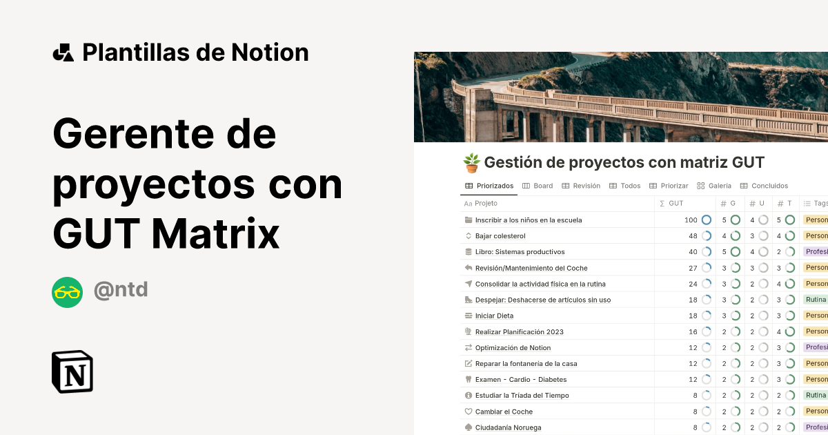 Plantilla Gerente de proyectos con GUT Matrix de NTD | Notion Marketplace
