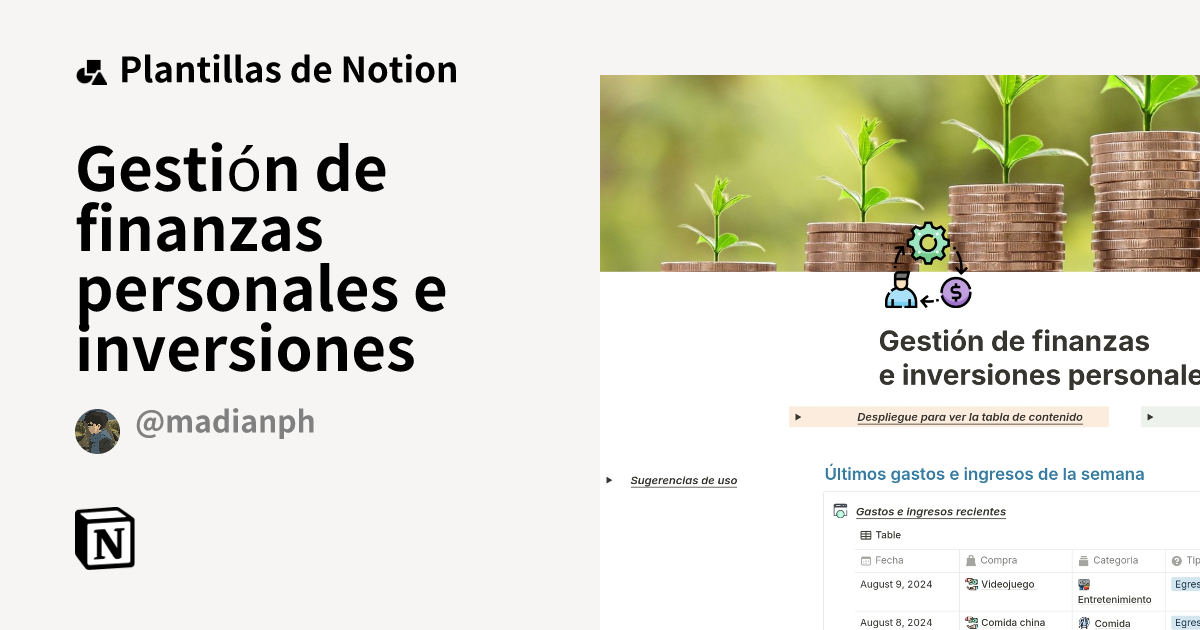 Plantilla Gestión de finanzas personales e inversiones de Madian Padilla | Notion Marketplace