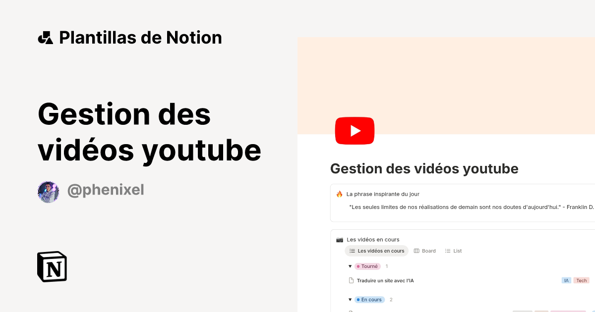 Plantilla Gestion des vidéos youtube | Notion Marketplace