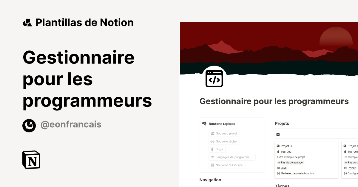 Plantilla Gestionnaire pour les programmeurs de Eon | Notion Marketplace
