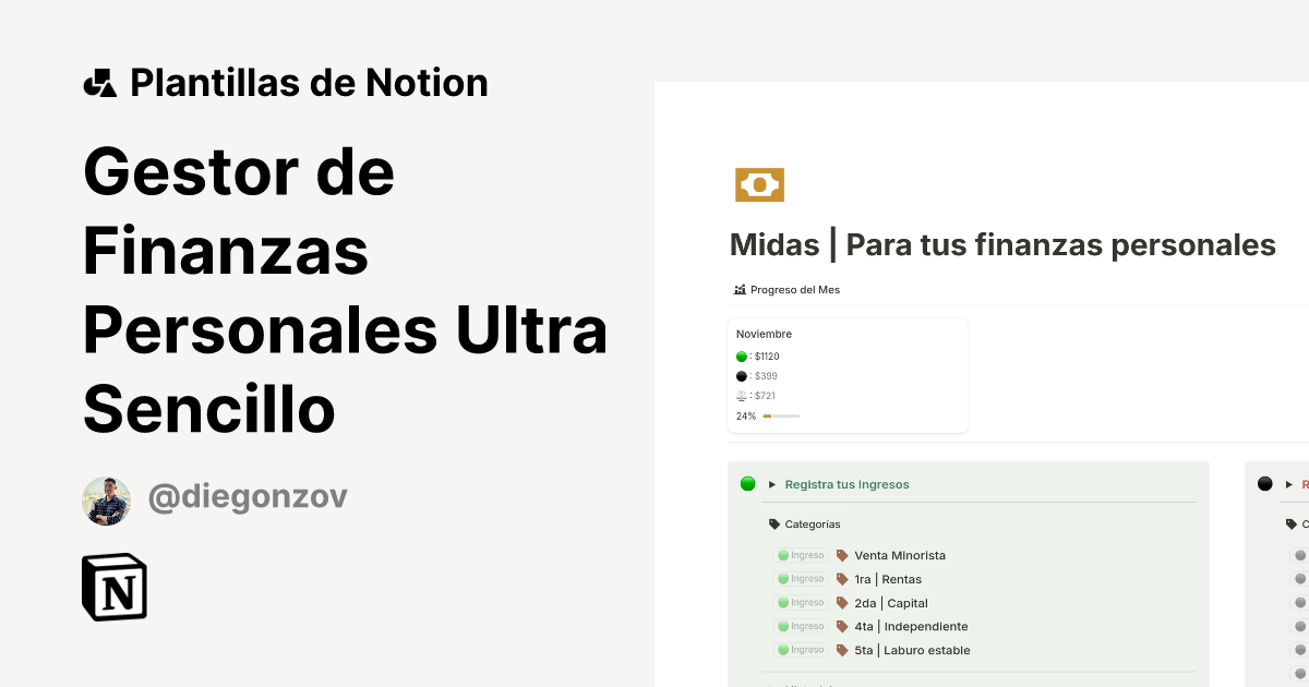 Plantilla Gestor de Finanzas Personales Ultra Sencillo de Diego Gonzalez V. | Notion Marketplace