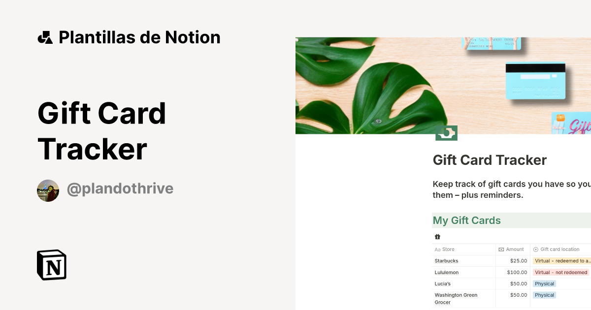 Plantilla Gift Card Tracker de Katy Stalcup | Notion Marketplace