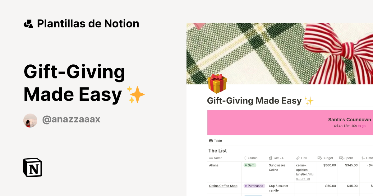 Plantilla Gift-Giving Made Easy de anazzaaax | Notion Marketplace