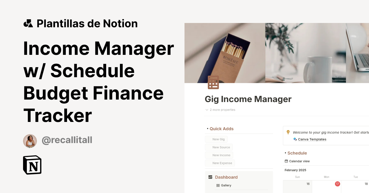 Plantilla Income Manager w/ Schedule Budget Finance Tracker | Notion ...