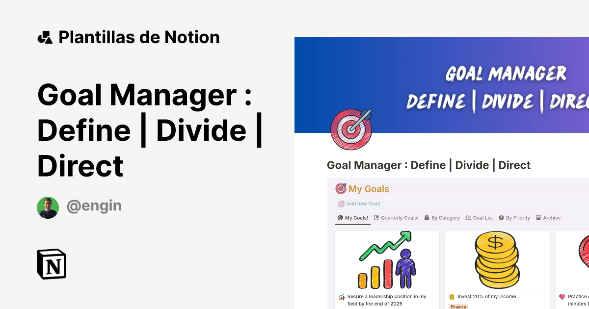 Plantilla Goal Manager : Define | Divide | Direct | Notion Marketplace