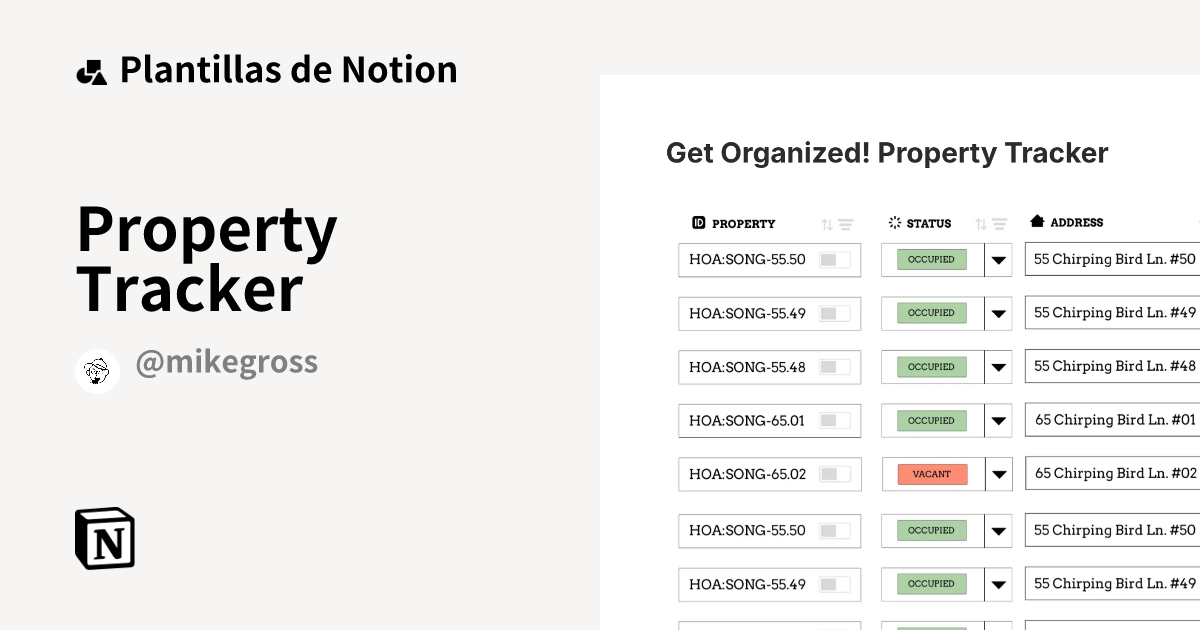 Plantilla Property Tracker de Mike Gross | Notion Marketplace