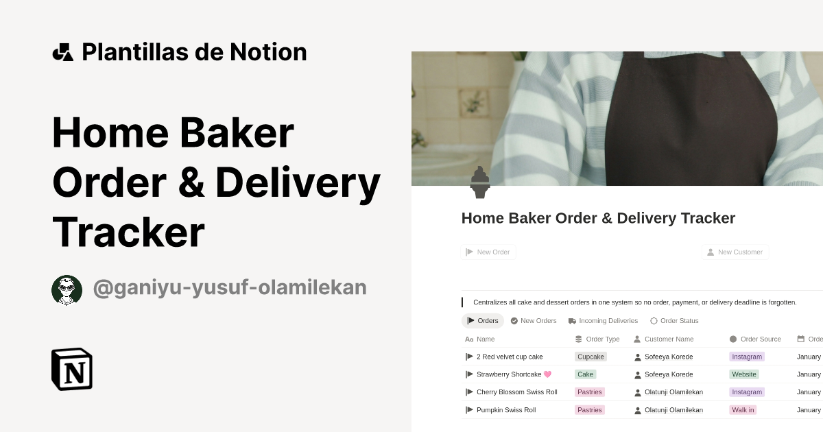 Plantilla Home Baker Order & Delivery Tracker de Notionallity | Notion ...