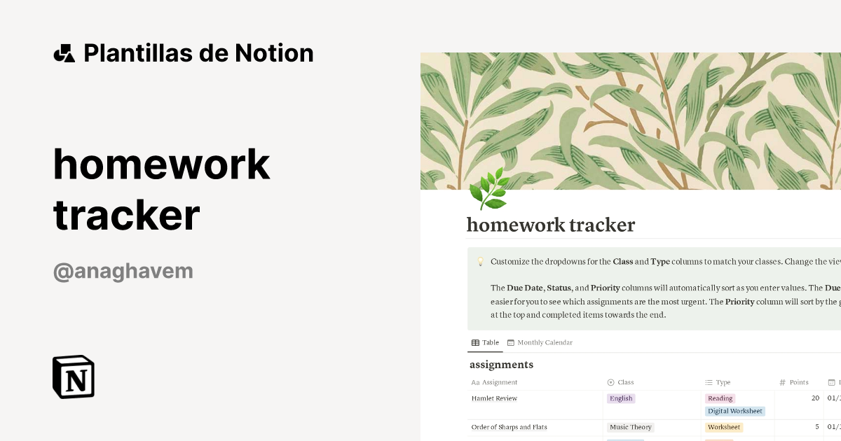 Plantilla homework tracker | Notion Marketplace