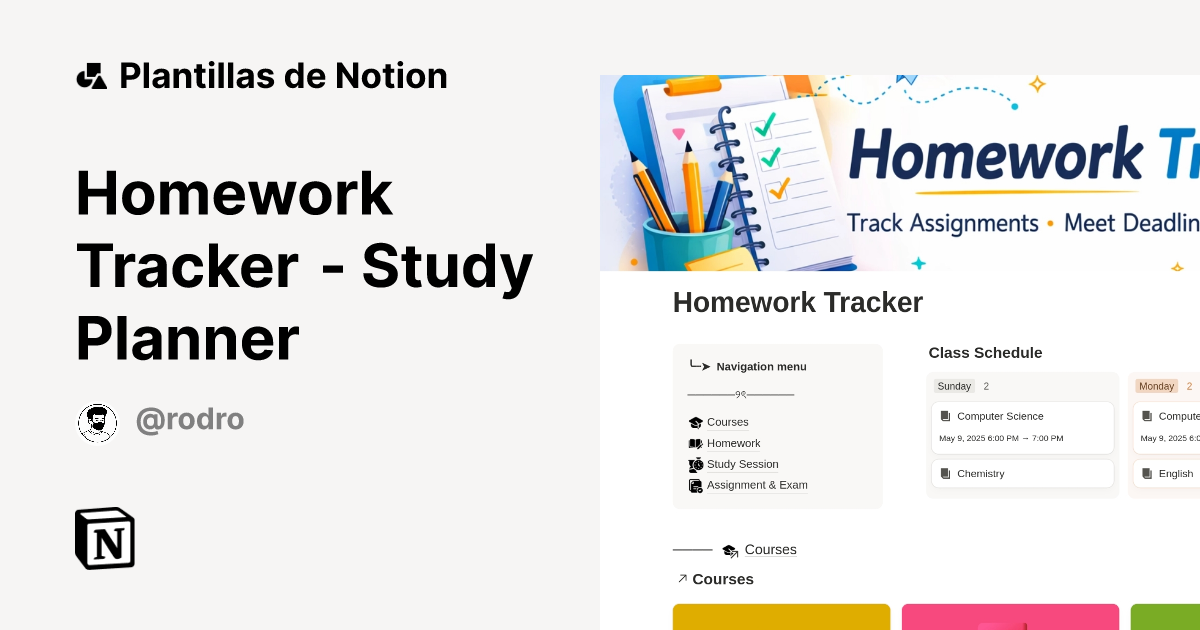 Plantilla Homework Tracker - Study Planner de Rodro | Notion Marketplace