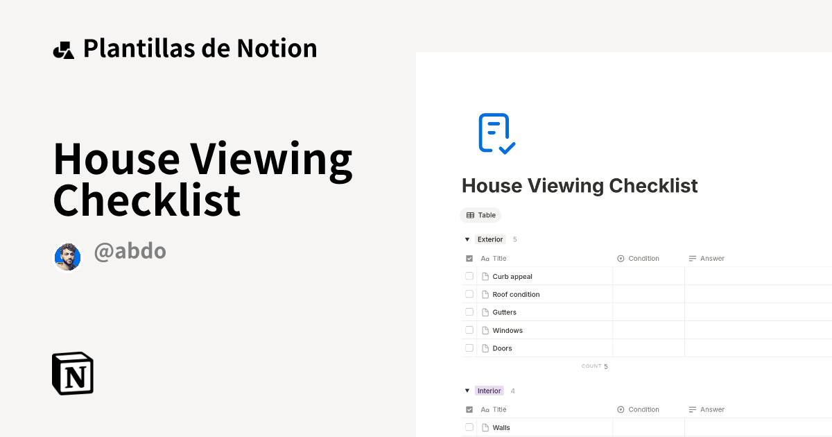 Plantilla House Viewing Checklist | Notion Marketplace