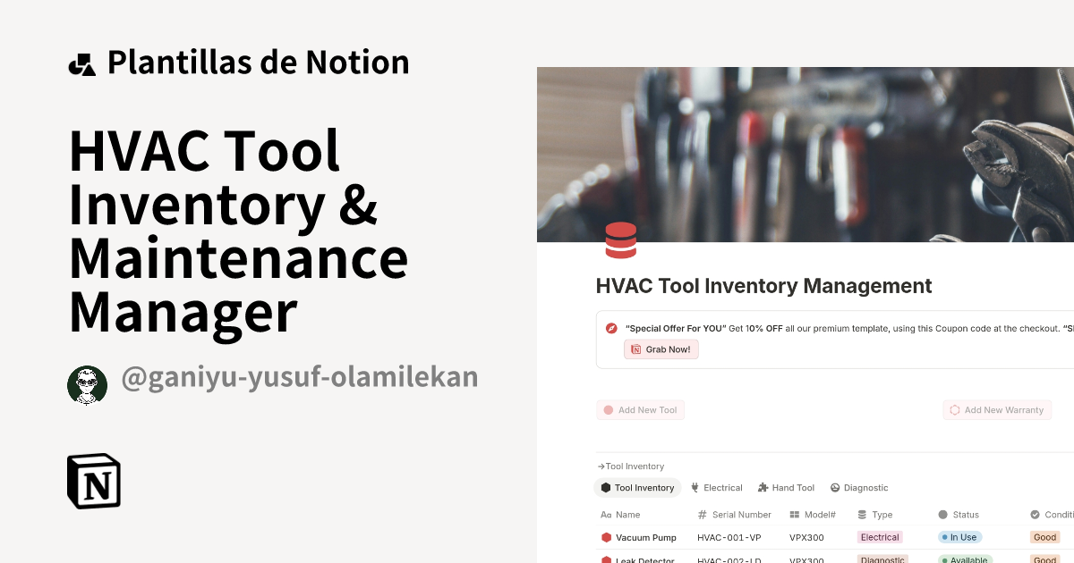 Plantilla HVAC Tool Inventory & Maintenance Manager de Notionallity | Notion Marketplace