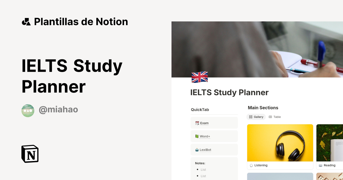 Plantilla IELTS Study Planner de Mia | Notion Marketplace