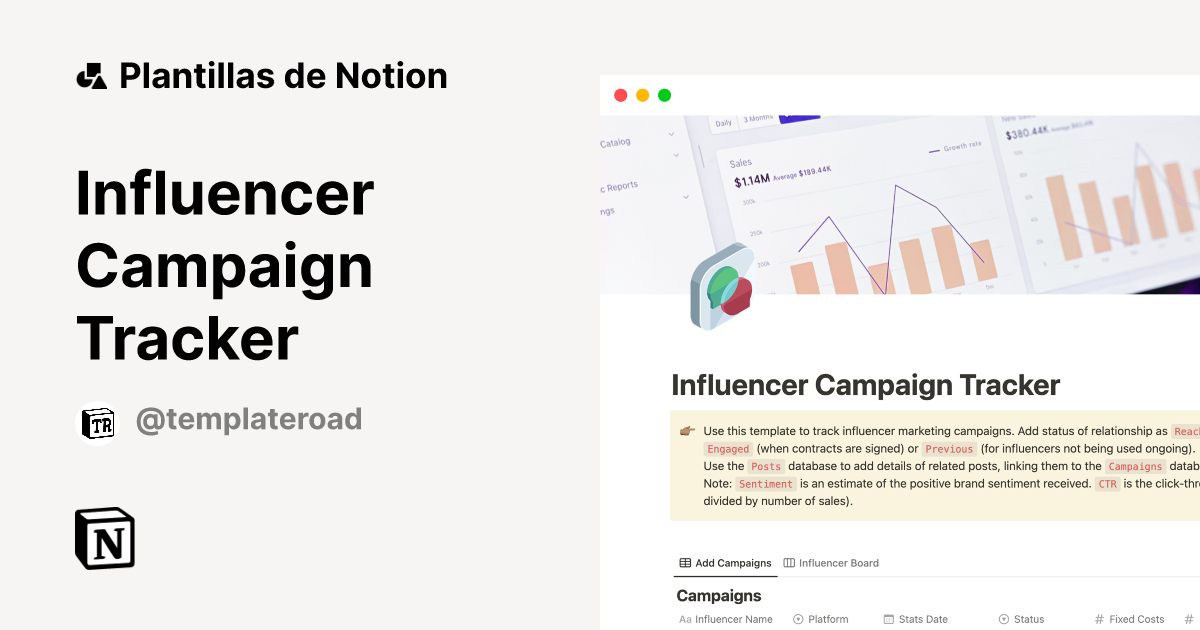 Plantilla Influencer Campaign Tracker de Template Road | Notion Marketplace