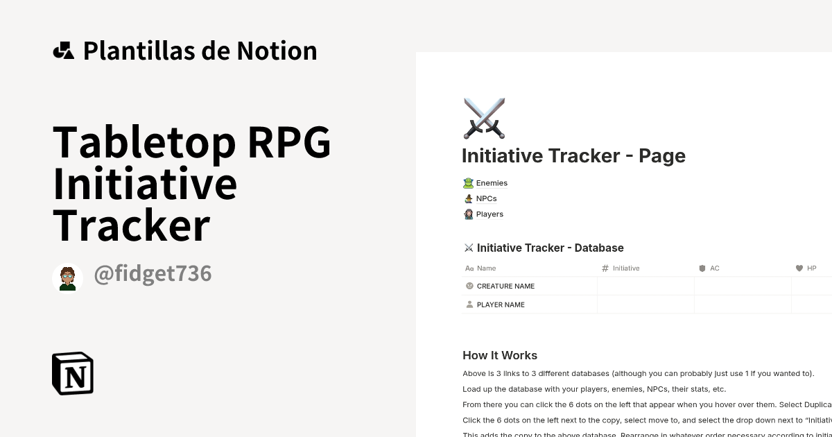 Plantilla Tabletop RPG Initiative Tracker de Fidget736 | Notion Marketplace