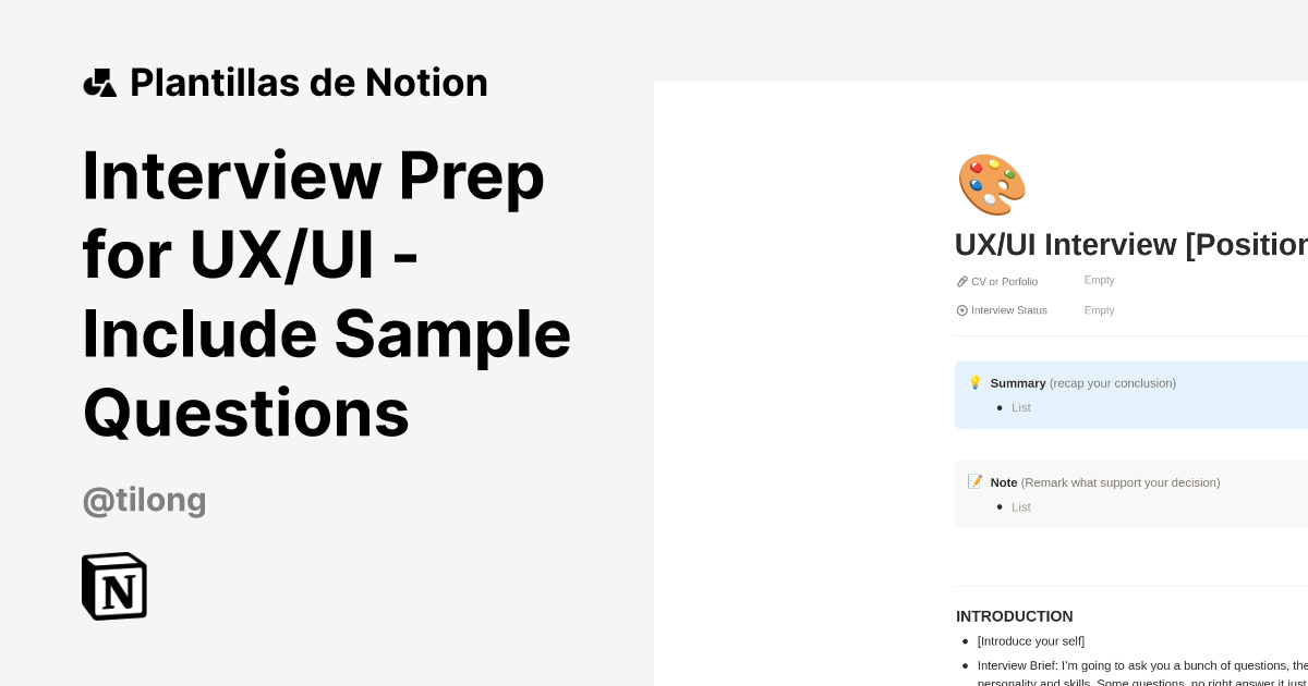 Plantilla Interview Prep for UX/UI - Include Sample Questions | Notion ...