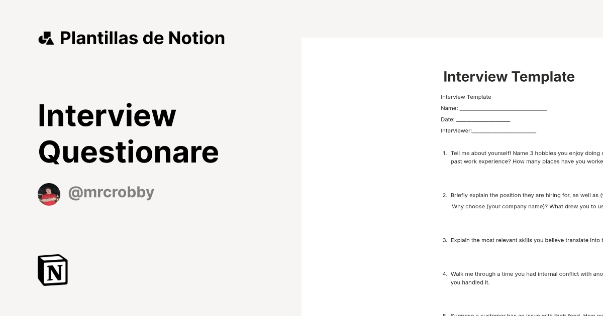 Plantilla Interview Questionare de Caden Robinson | Notion Marketplace
