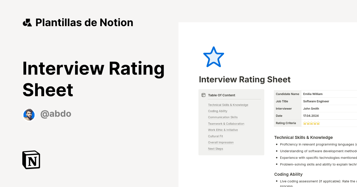 Plantilla Interview Rating Sheet de Abdo Karmalla | Notion Marketplace