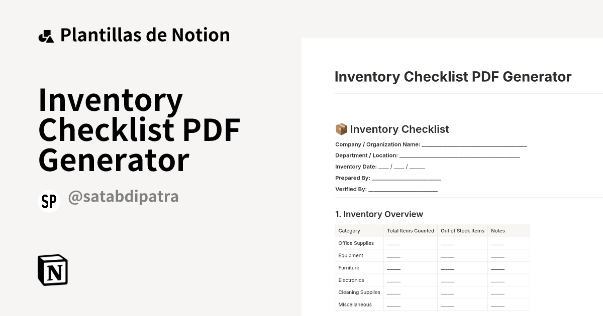 Plantilla Inventory Checklist PDF Generator | Notion Marketplace