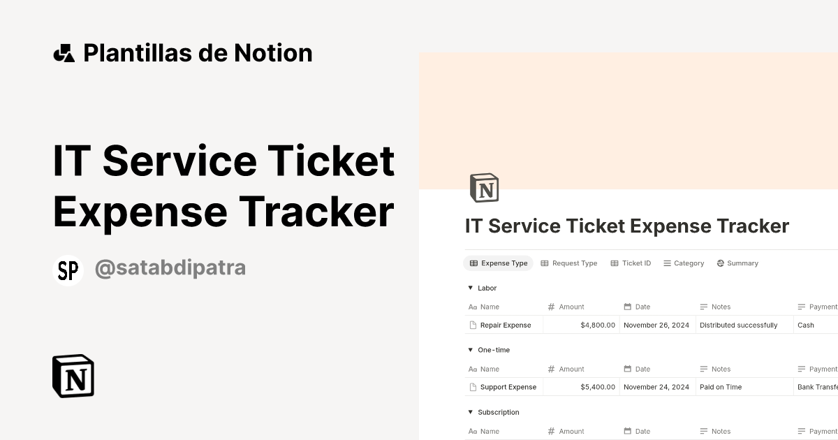 Plantilla IT Service Ticket Expense Tracker | Notion Marketplace
