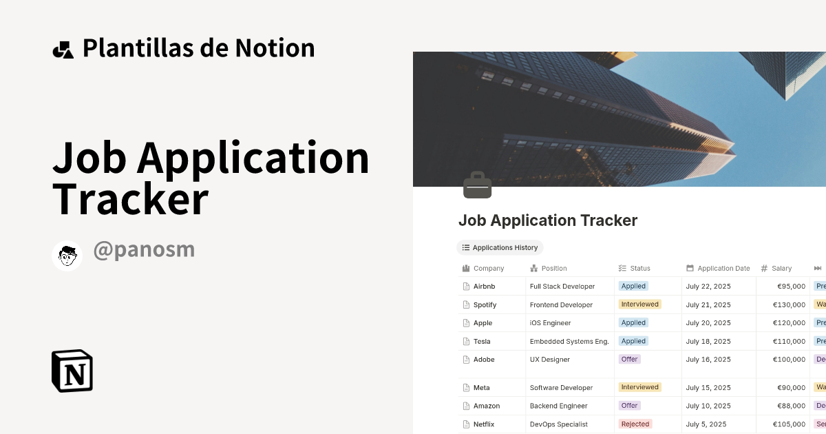 Plantilla Job Application Tracker de Panos M. | Notion Marketplace