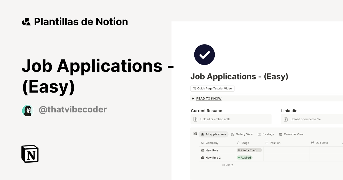 Plantilla Job Applications - (Easy) de That Vibe Coder | Notion Marketplace