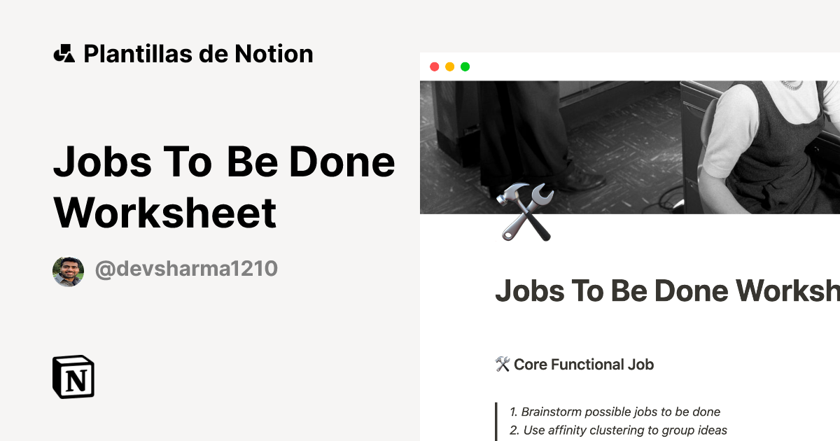 Plantilla Jobs To Be Done Worksheet de Dev Sharma | Notion Marketplace
