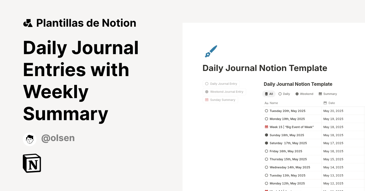 Plantilla Daily Journal Entries with Weekly Summary | Notion Marketplace