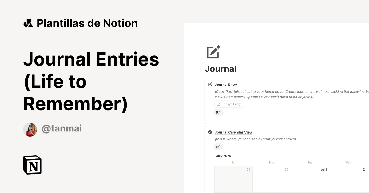Plantilla Journal Entries (Life to Remember) | Notion Marketplace