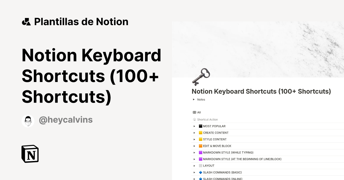 Plantilla Notion Keyboard Shortcuts (100+ Shortcuts) de Calvin | Notion Marketplace
