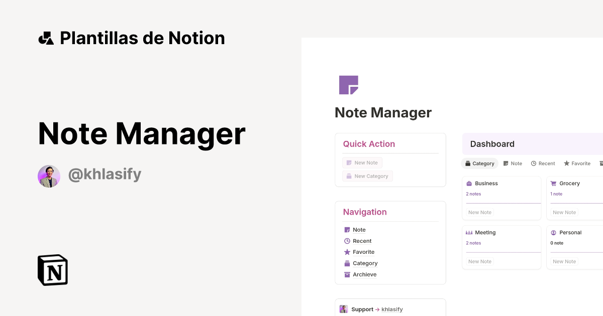 Plantilla Note Manager de khlasify | Notion Marketplace