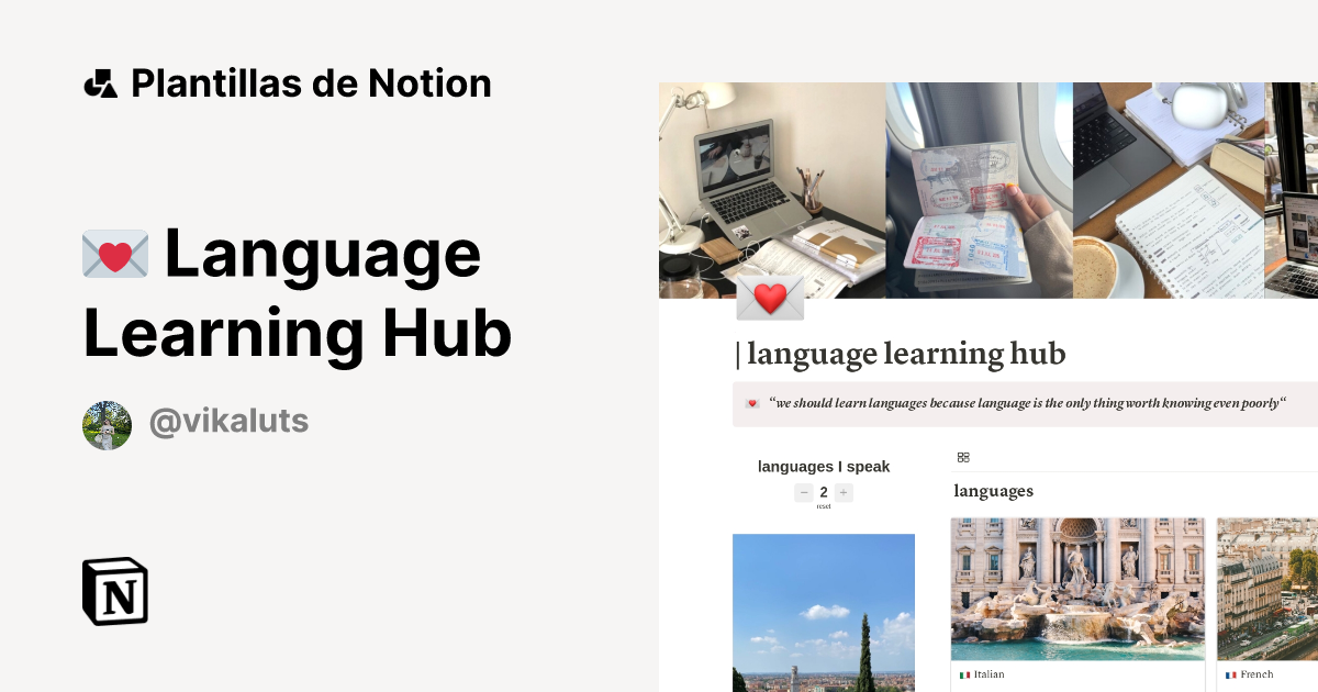 Plantilla 💌️️️️️️ Language Learning Hub de Vika Luts | Notion Marketplace