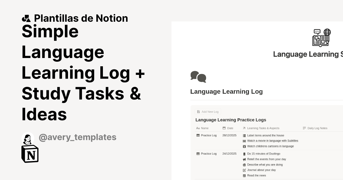 Plantilla Simple Language Learning Log + Study Tasks & Ideas | Notion ...