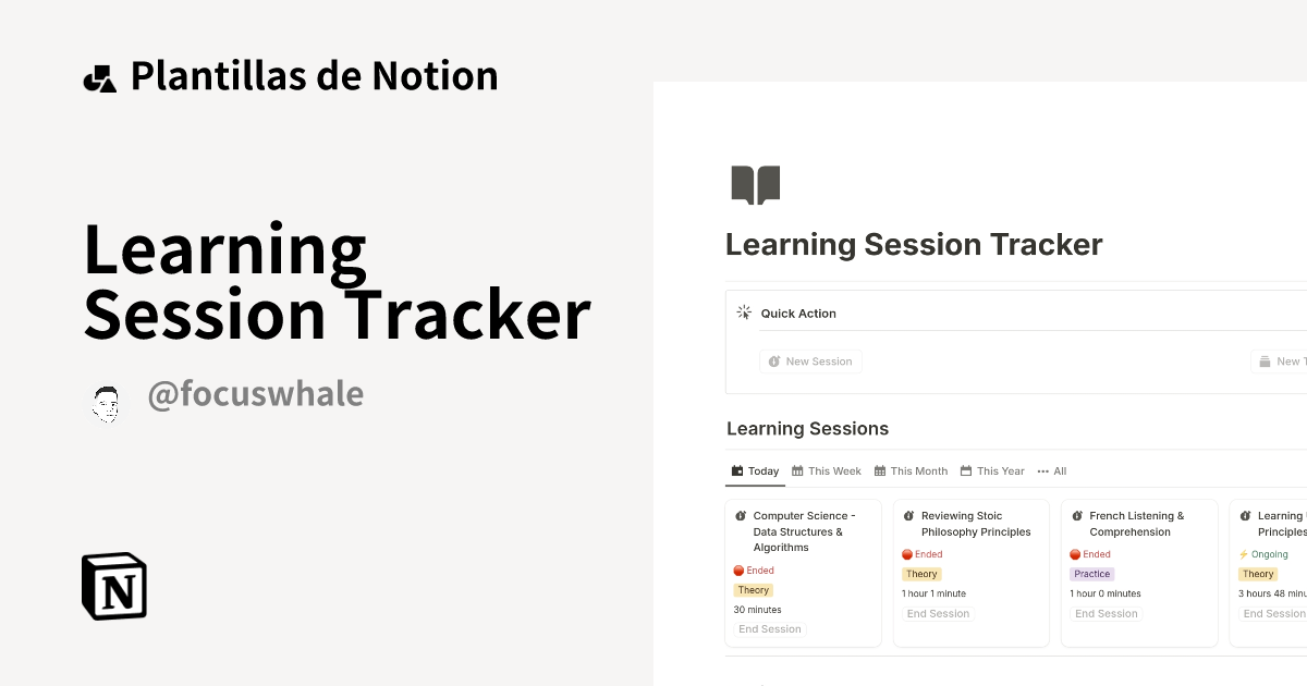 Plantilla Learning Session Tracker de FocusWhale | Notion Marketplace