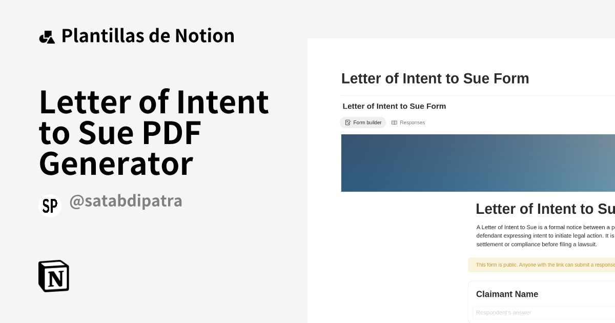 Plantilla Letter of Intent to Sue PDF Generator | Notion Marketplace