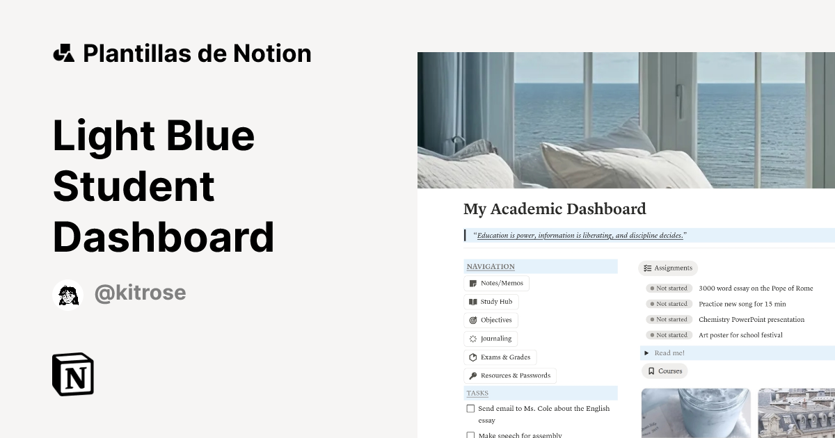 Plantilla Light Blue Student Dashboard de Kitrose | Notion Marketplace