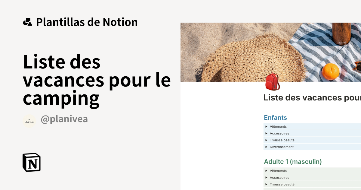 Plantilla Liste des vacances pour le camping | Notion Marketplace