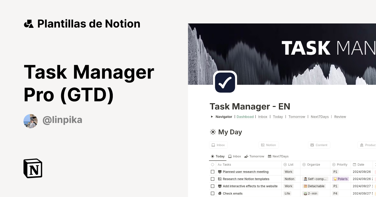 Plantilla Task Manager Pro (GTD) | Notion Marketplace